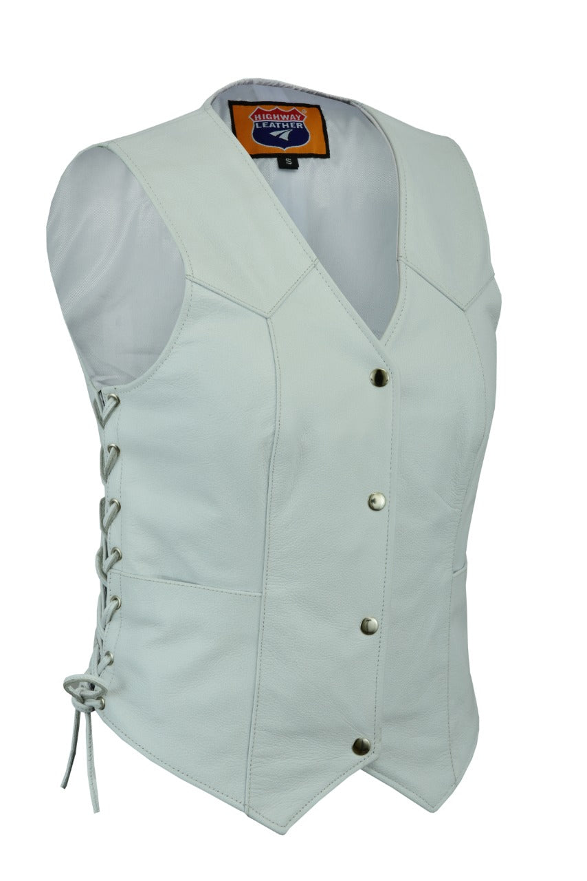 White Motorcycle Leather Biker Vest Pistol Pockets Easy Patch Sew- HL1